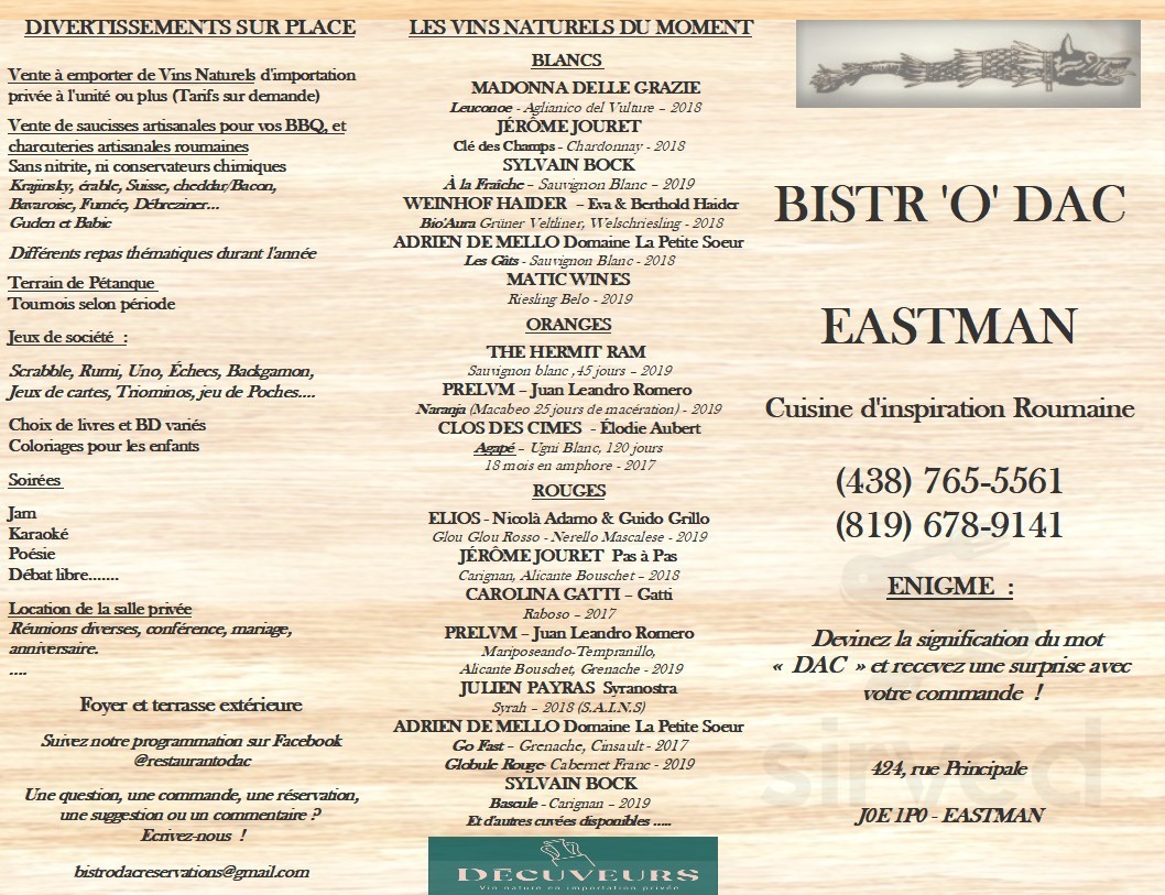Menu for O'Dac Restaurant in Eastman, QC | Sirved