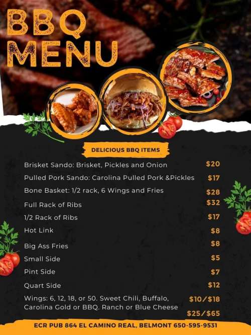 ECR Pub menu in Belmont, California, USA