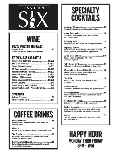 Tavern Six menu in Kirtland, Ohio, USA