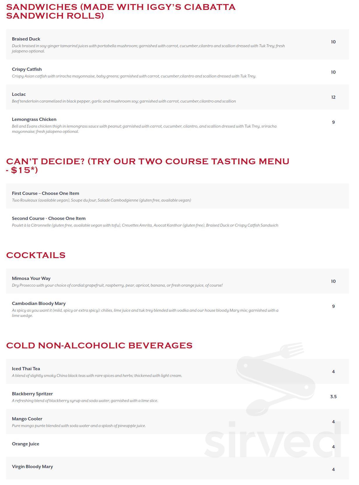 The Elephant Walk South End menu in Boston, Massachusetts, USA