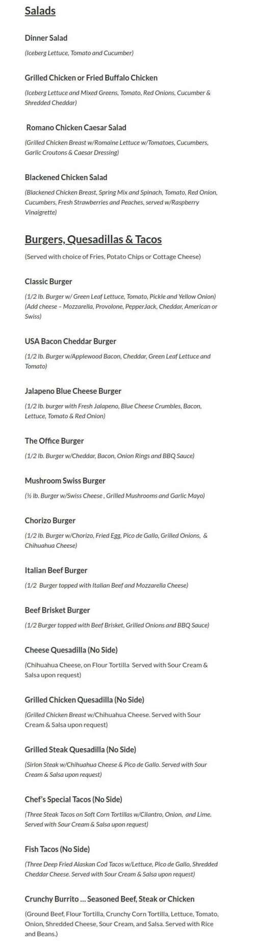 The Office Bar & Grill menu in Channahon, Illinois, USA