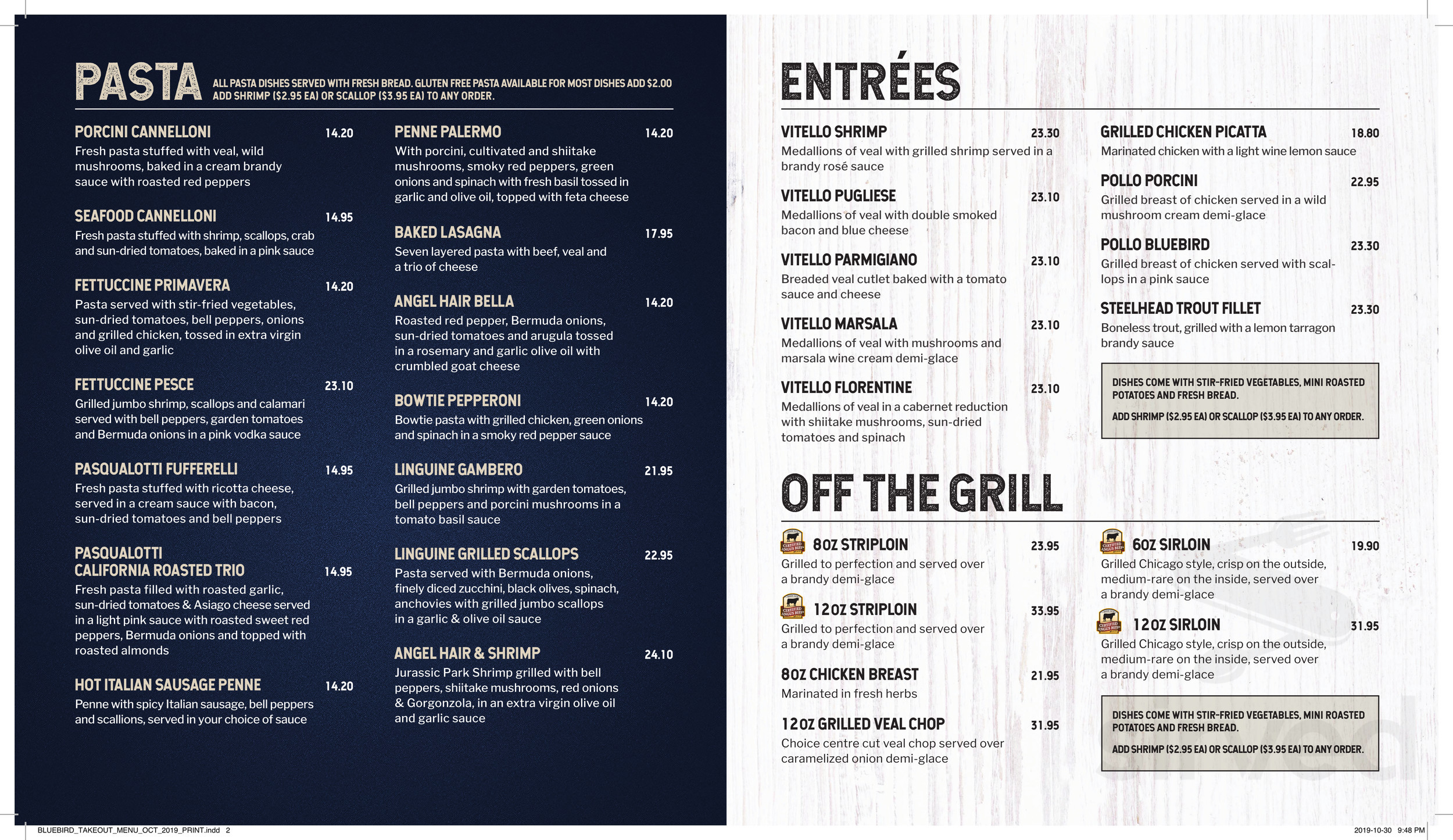 Bluebird Café & Grill menu in Orangeville, Ontario, Canada