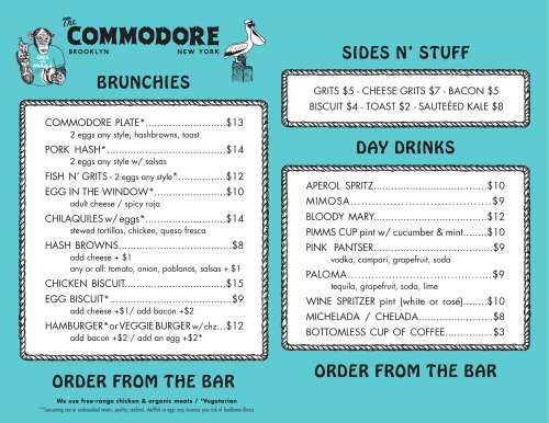 The Commodore menu in Brooklyn, New York, USA