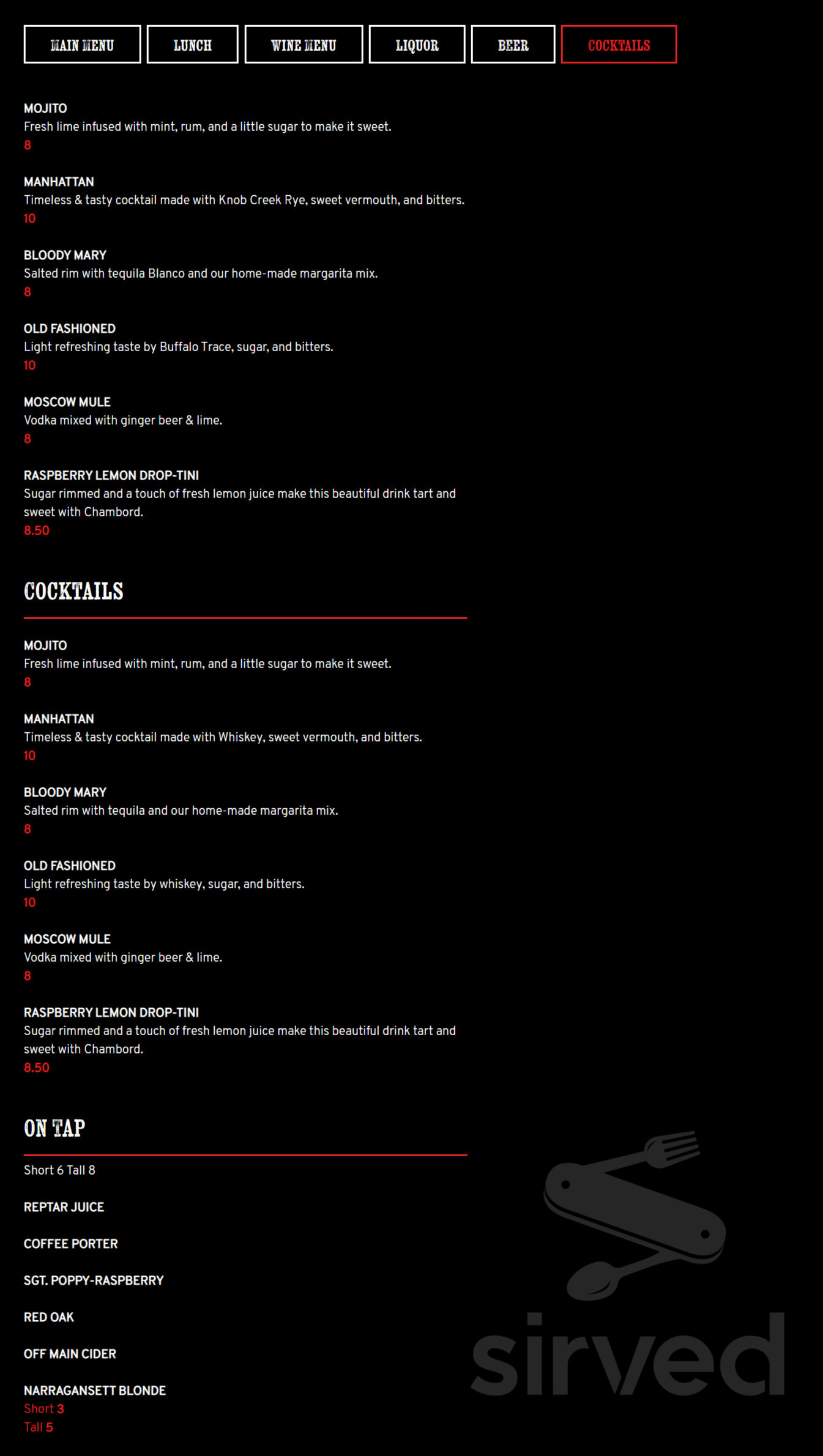 Menu for Chophouse 101 in Kannapolis, NC | Sirved