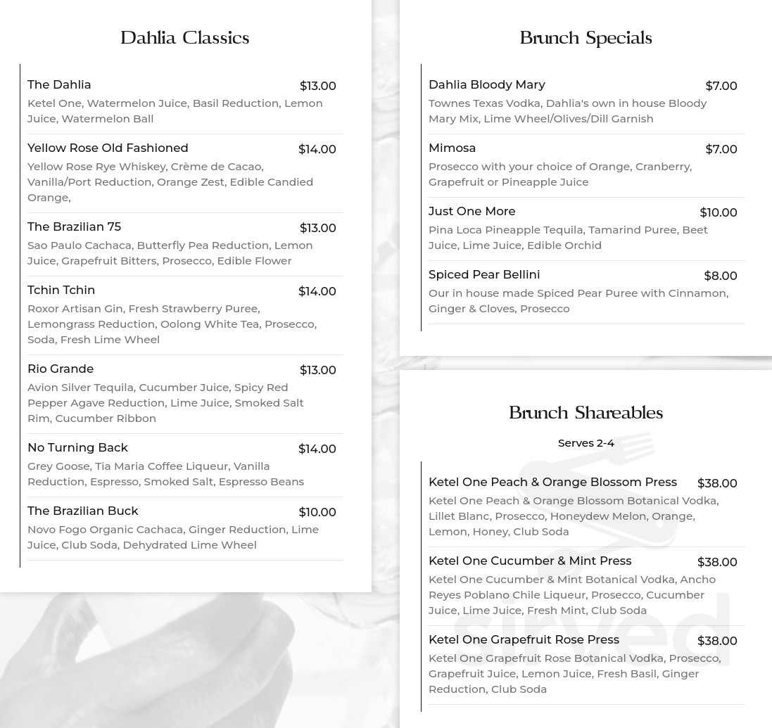 Dahlia Bar & Bistro menu in Dallas, Texas, USA