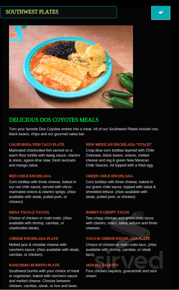 Dos Coyotes Border Cafe menu in Folsom, California, USA