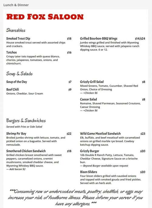 Grizzly Grill menu in Moran, Wyoming, USA