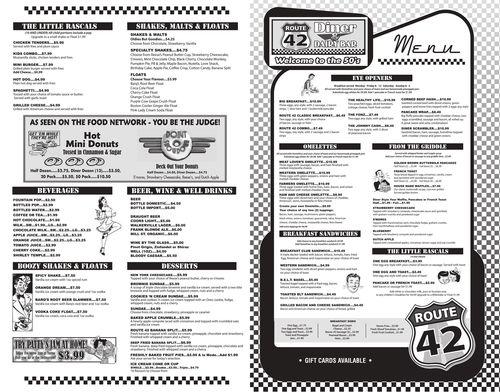 Route 42 Diner and Dairy Bar menu in Windsor, Ontario, Canada