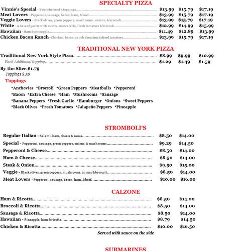 Vinnie's on 11 menu in Chambersburg, Pennsylvania, USA