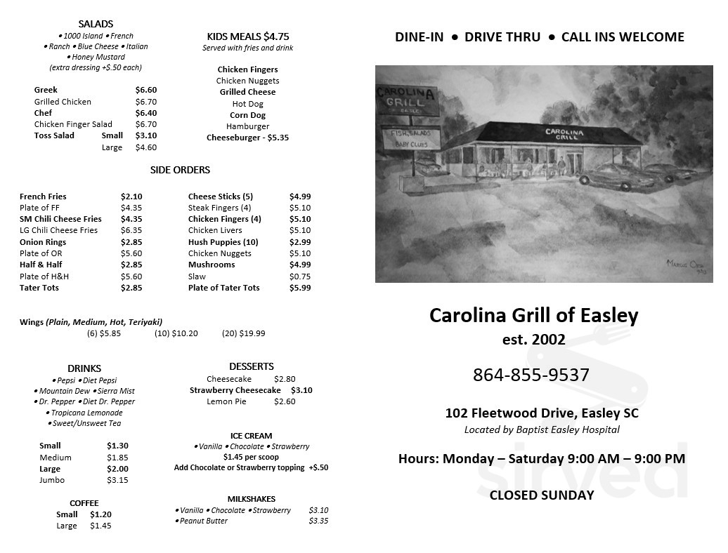 Carolina Grill of Easley menu in Easley, South Carolina, USA