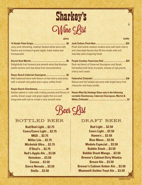 Sharkey's Casino menu in Gardnerville, Nevada, USA