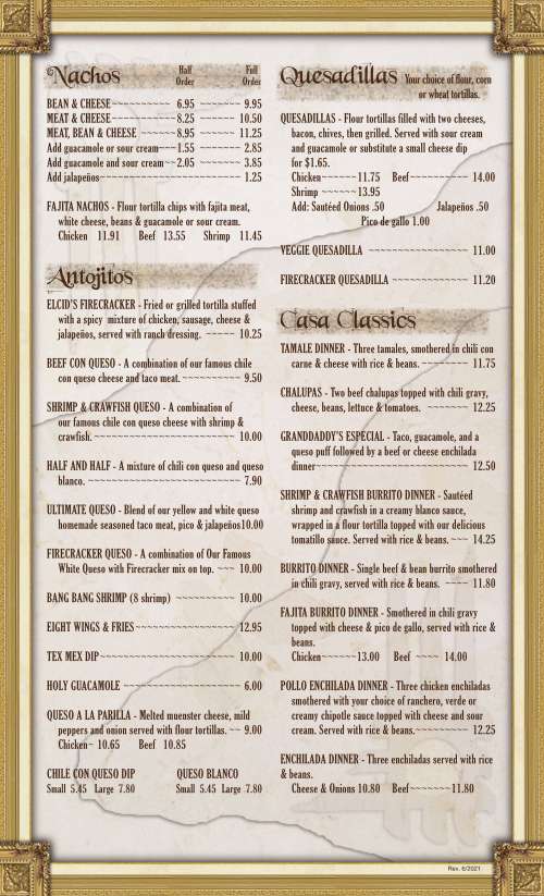 Casa Mañana Mexican Restaurant menu in Lake Charles, Louisiana, USA