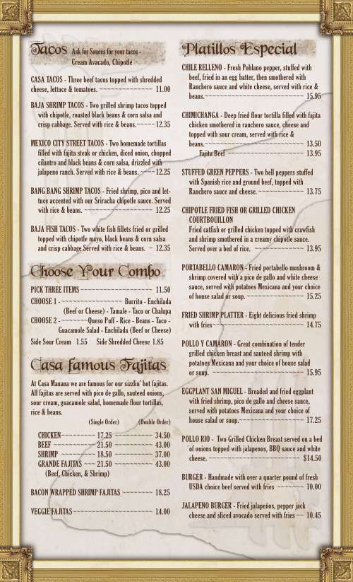 Casa Mañana Mexican Restaurant menu in Lake Charles, Louisiana, USA