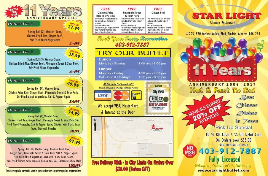 Starlight Chinese Restaurant menus in Airdrie, Alberta, Canada