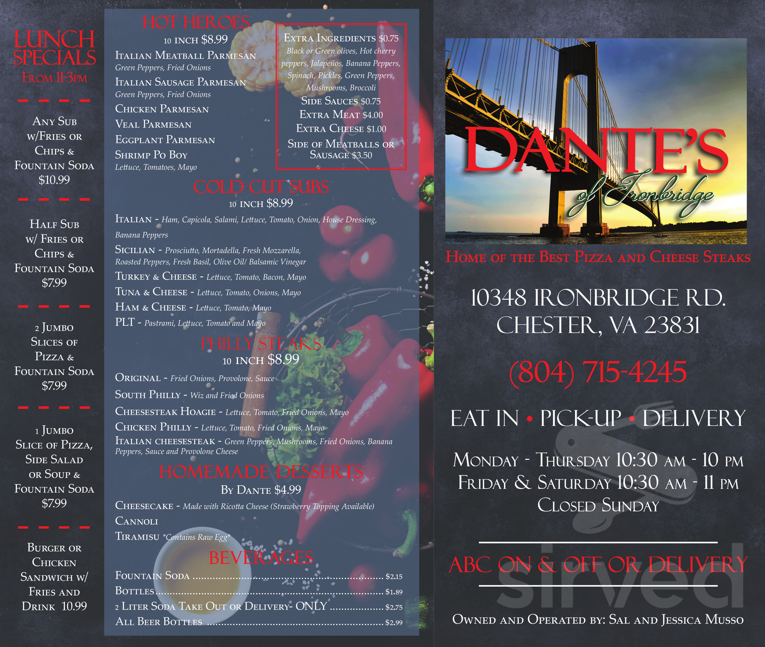 Dante's of Ironbridge menu in Chester, Virginia, USA