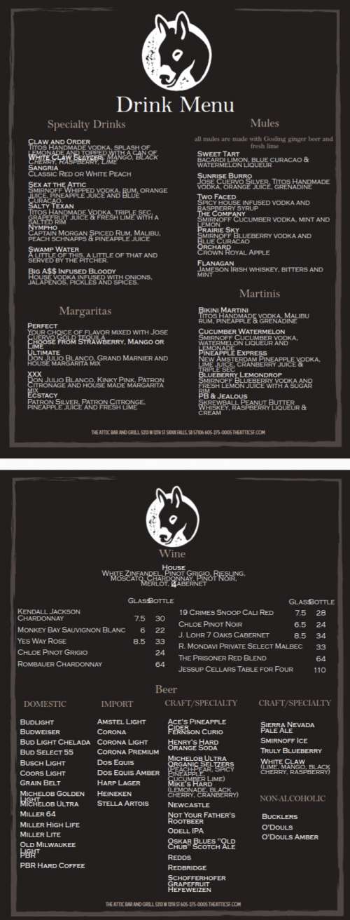 The Attic Bar and Grill West menu in Sioux Falls, South Dakota, USA