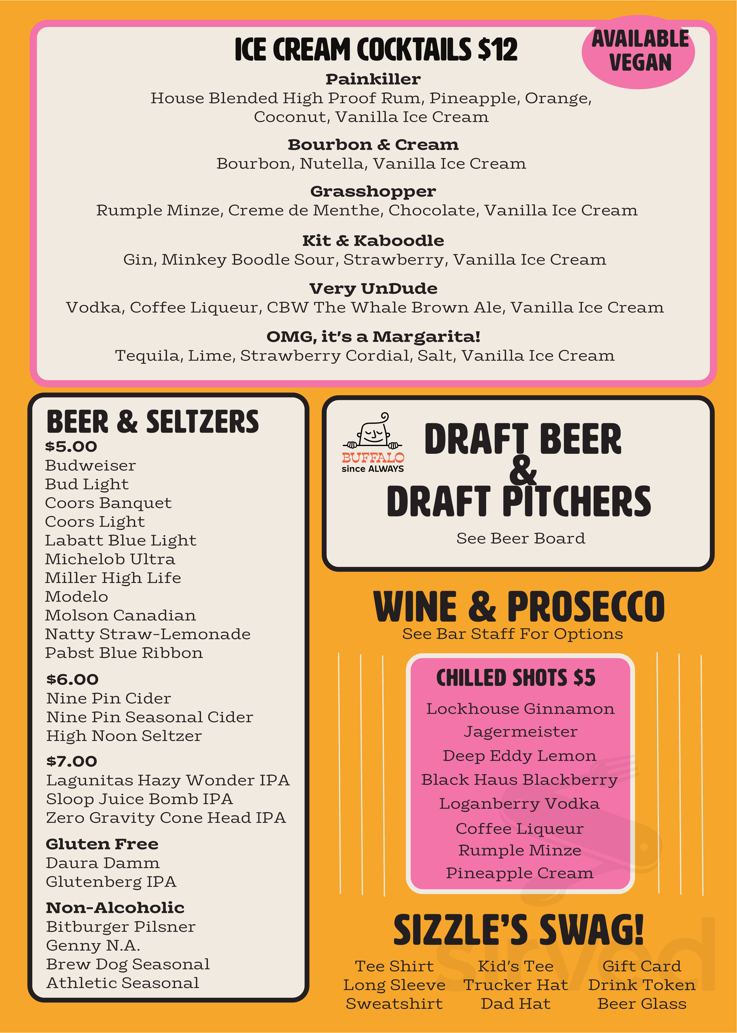 Mister Sizzle's menu in Buffalo, New York, USA