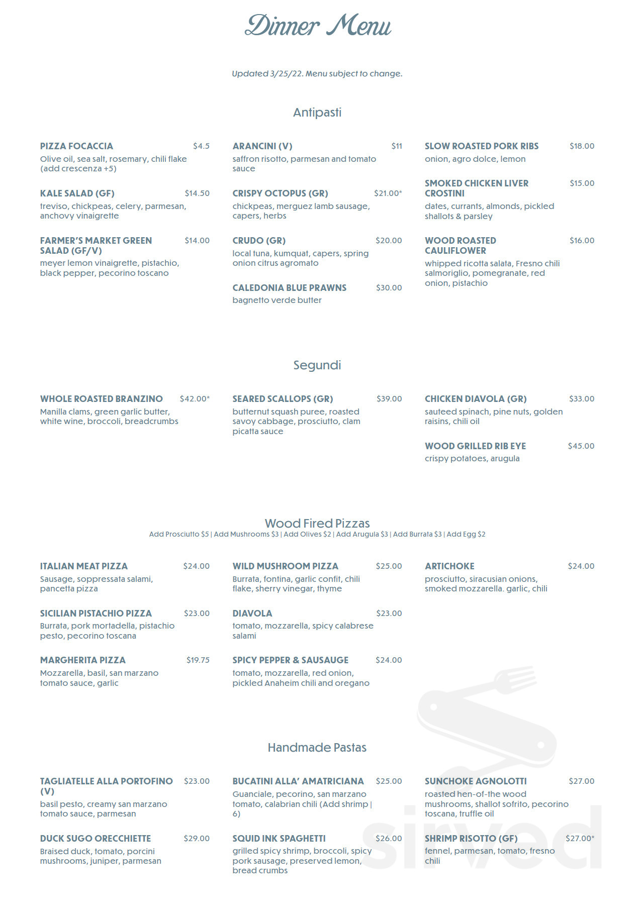 Menu - La Jolla CA's Catania | Sirved