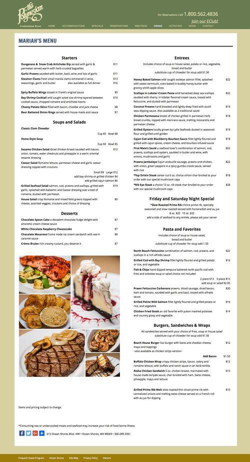 Rusty Anchor Grill and Pub menu in Ocean Shores, Washington, USA