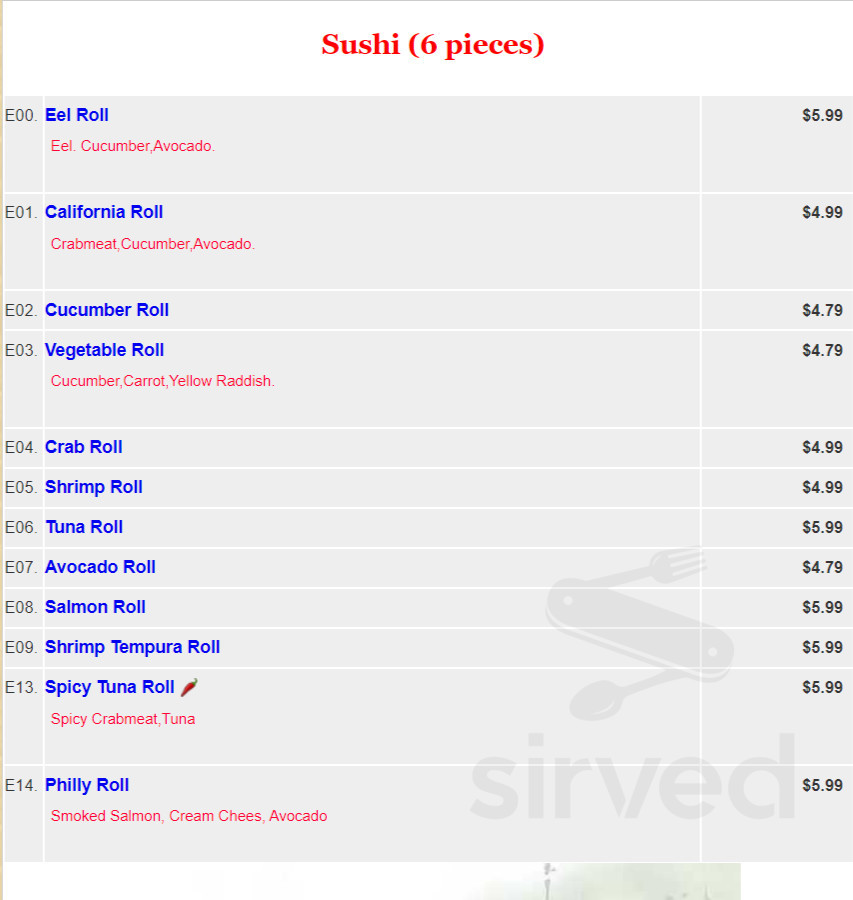 Hibachi Express menu in Roanoke, Virginia, USA