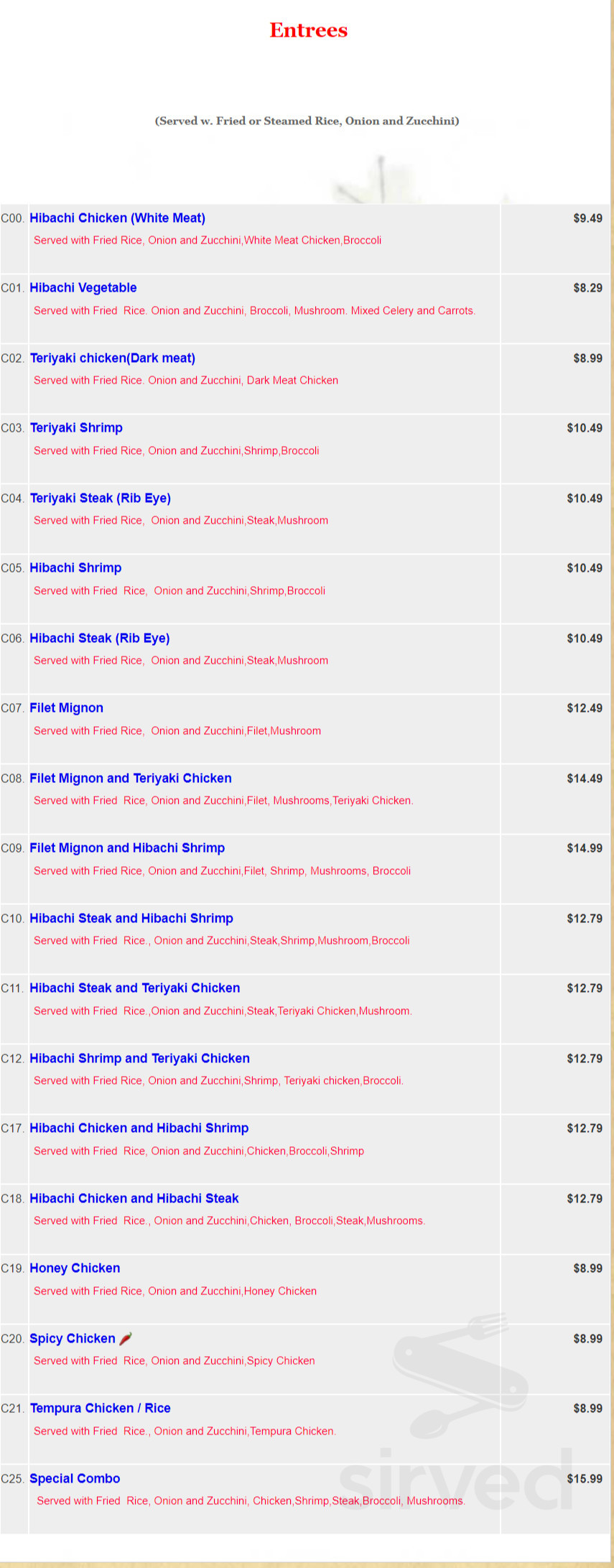 Hibachi Express menu in Roanoke, Virginia, USA