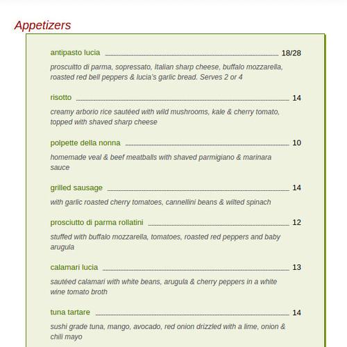 Lucia Ristorante menu in New Milford, Connecticut, USA