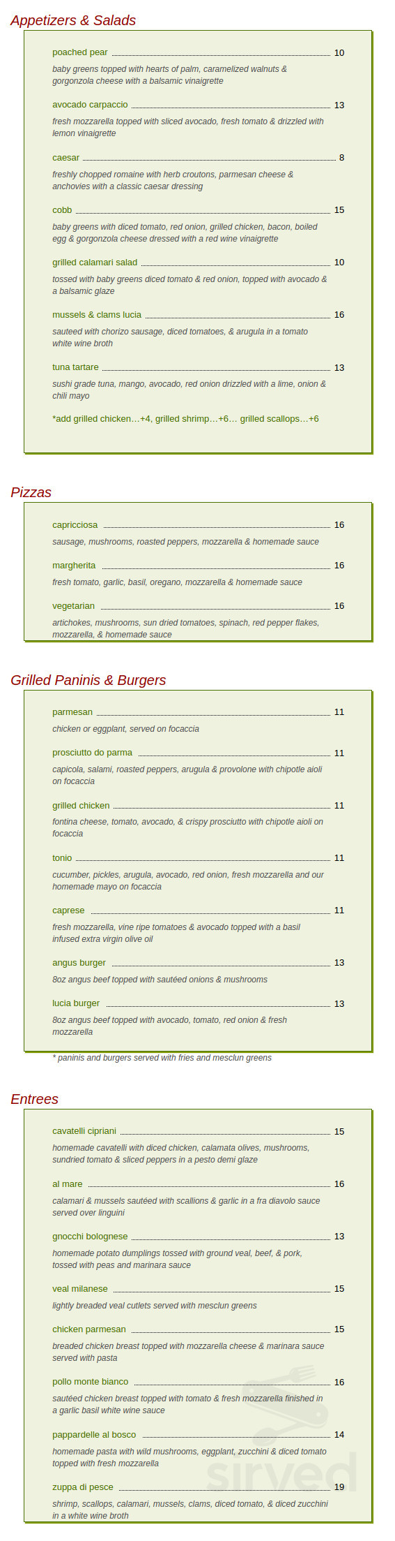 Lucia Ristorante menu in New Milford, Connecticut, USA