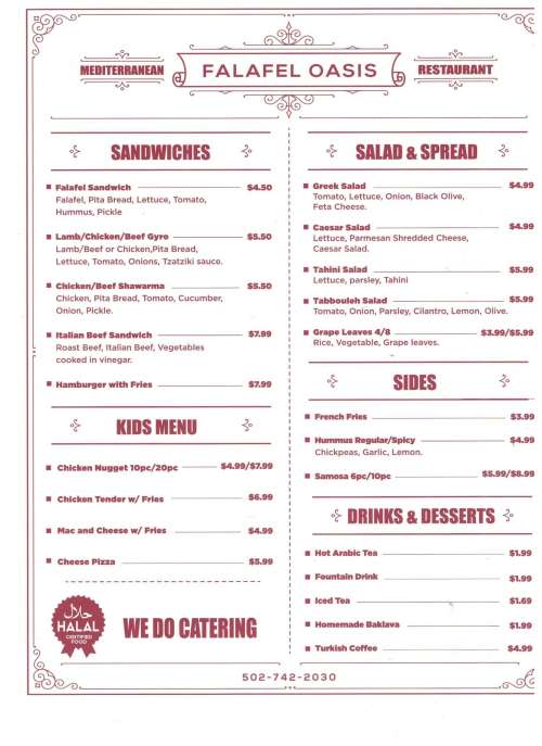 Falafel Oasis menu in Louisville, Kentucky, USA