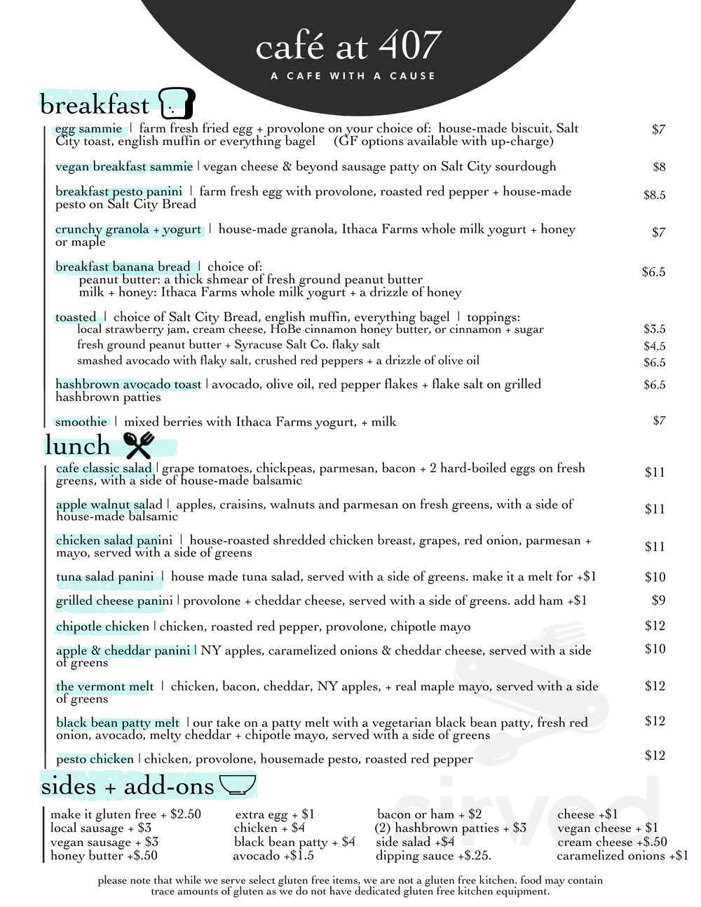 Cafe at 407 menu in Liverpool, New York, USA