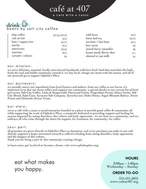 Cafe at 407 menu in Liverpool, New York, USA