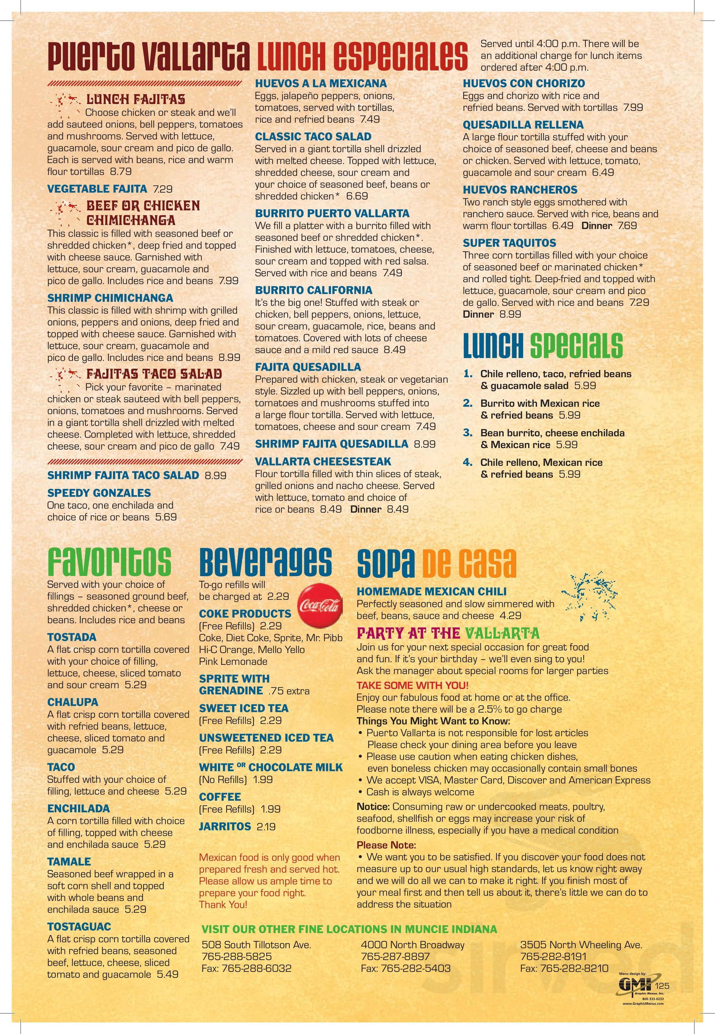 Puerto Vallarta Muncie Menu