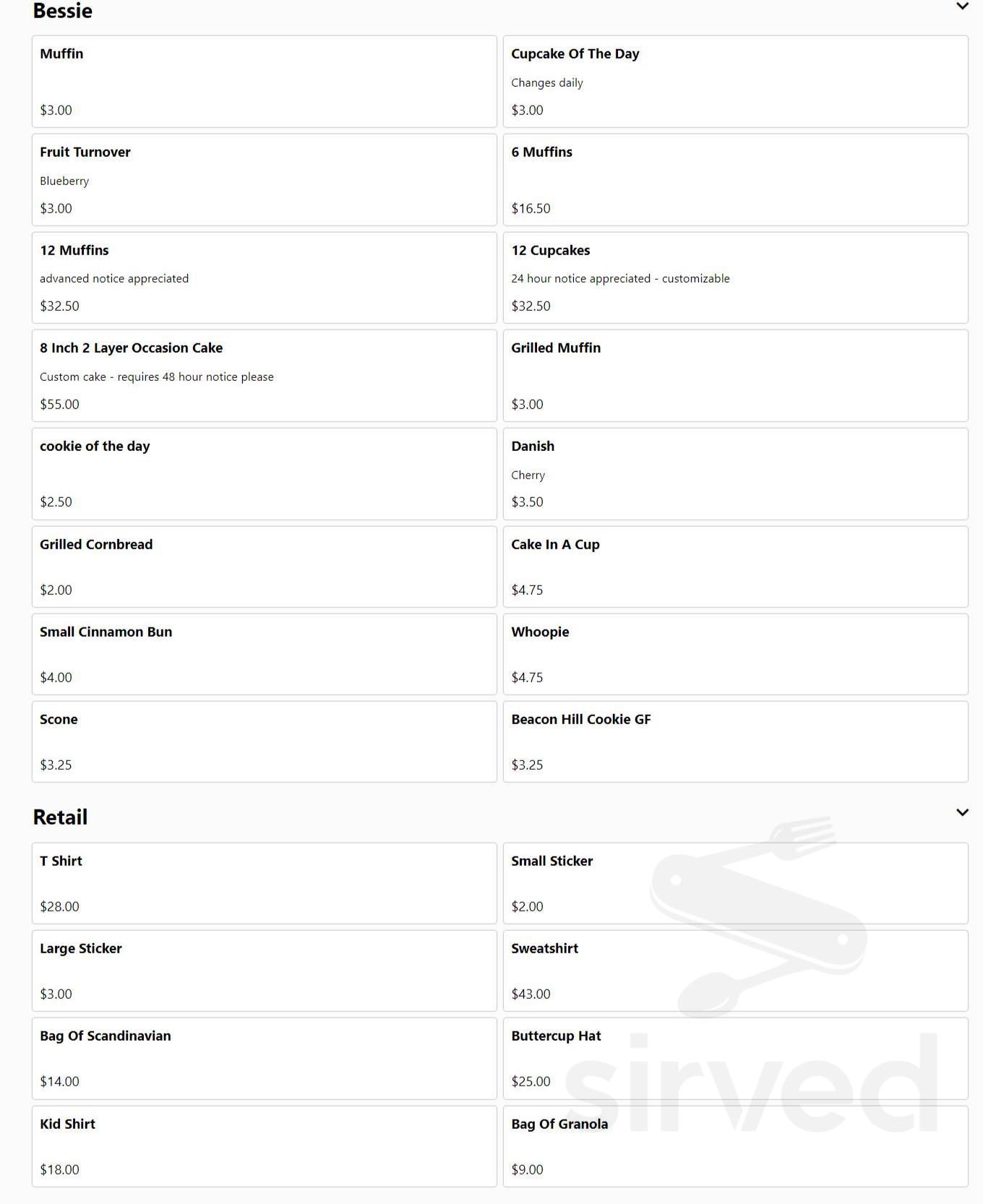 The Buttercup Cafe menu in Barnstable, Massachusetts, USA