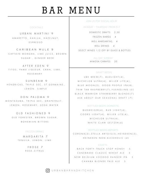 Urban Bar & Kitchen menu in Tuscaloosa, Alabama, USA