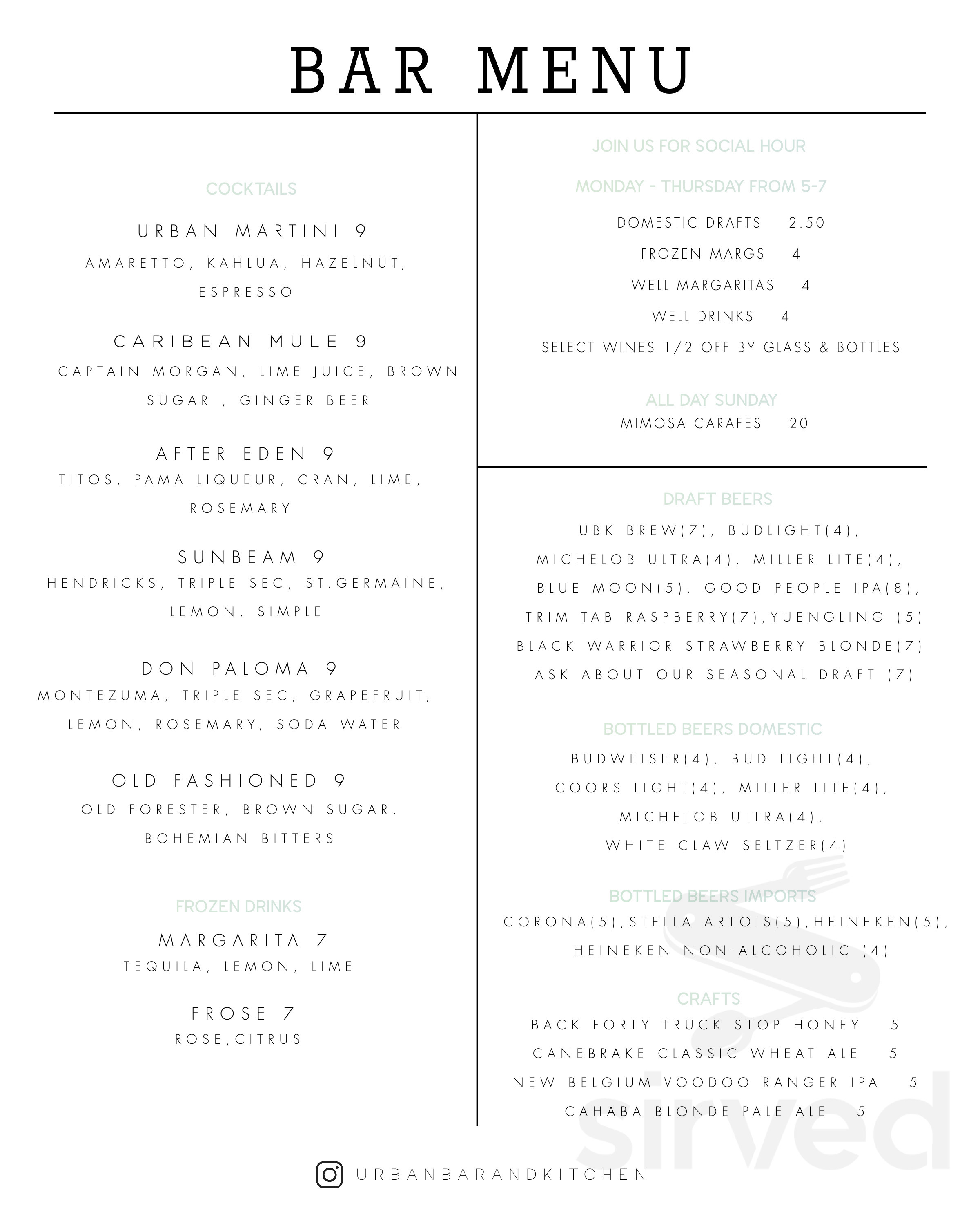 Urban Bar & Kitchen menu in Tuscaloosa, Alabama, USA