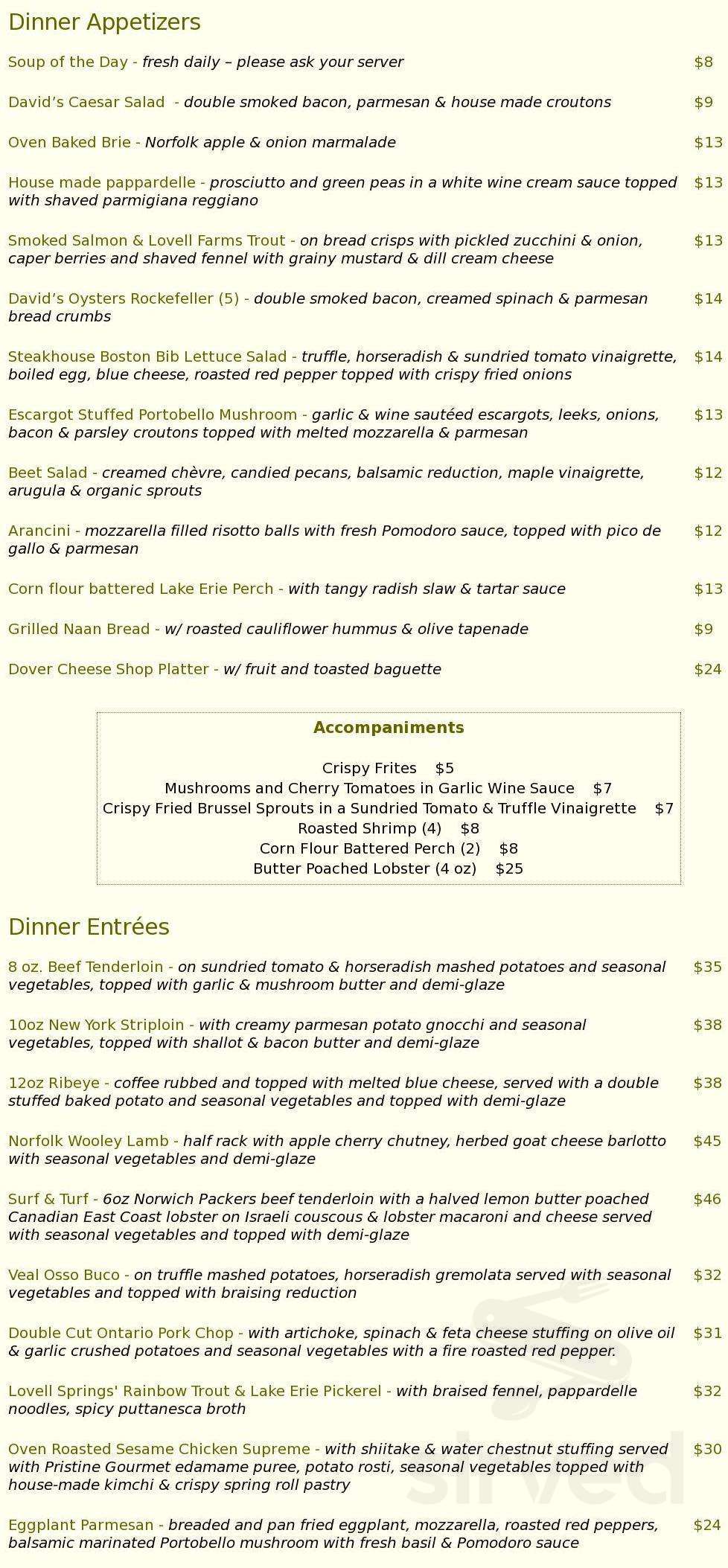 David's Restaurant menu in Port Dover, Ontario, Canada
