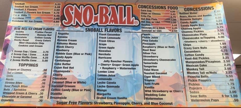 Sno Ball Too menu in Corpus Christi, Texas, USA