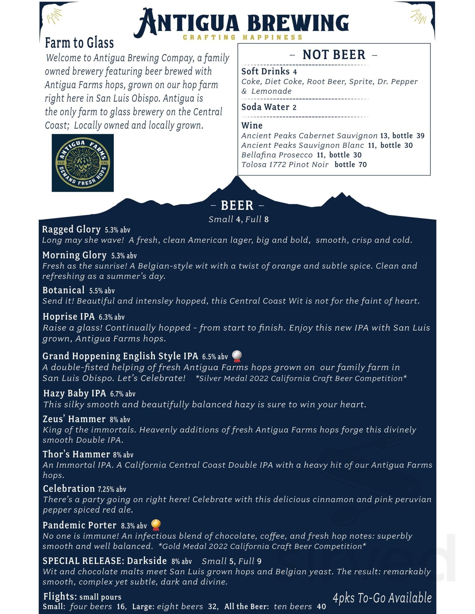 Antigua Brewing Company menu in San Luis Obispo, California, USA