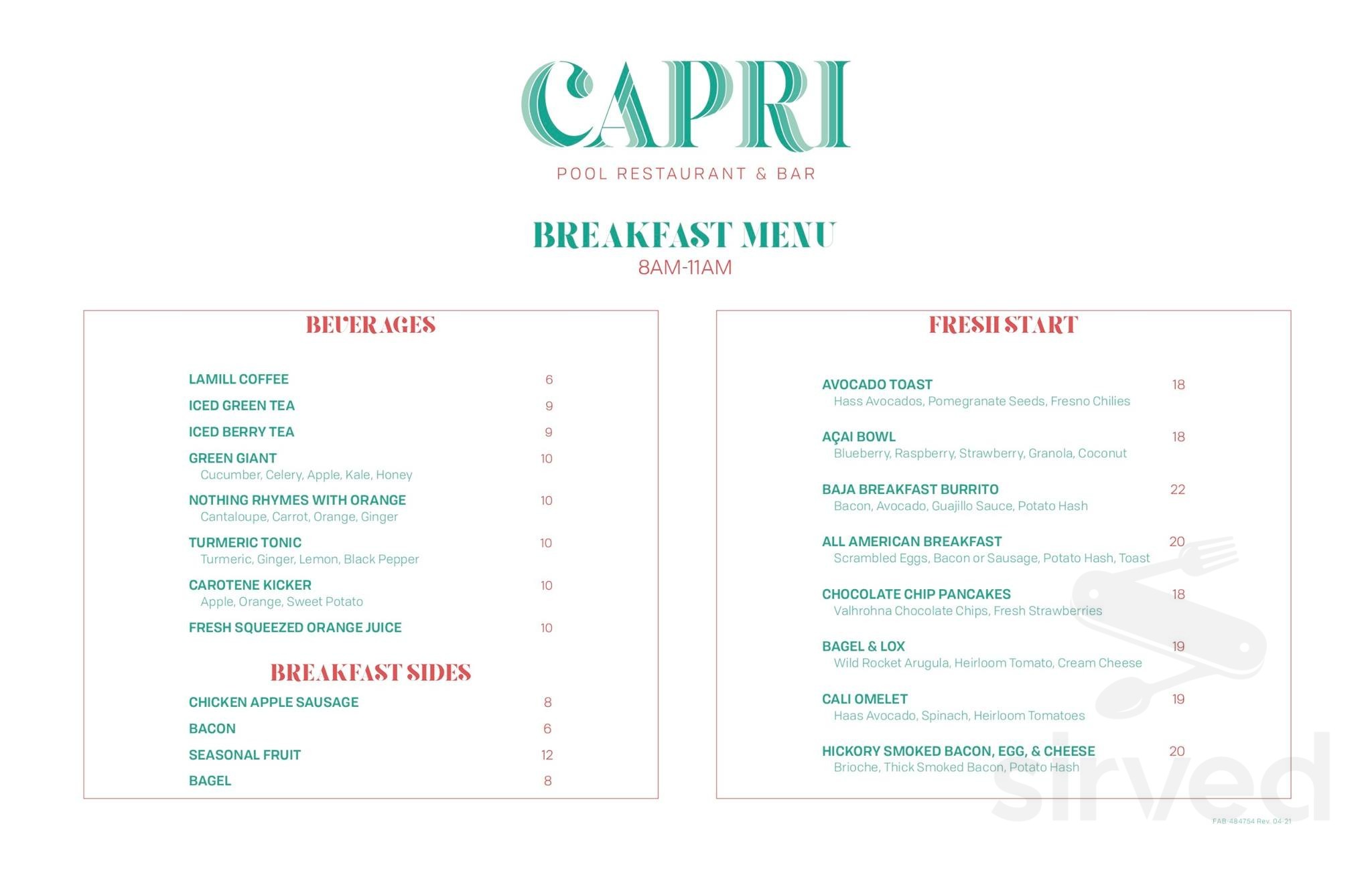 CAPRI Pool Restaurant & Bar menu in Las Vegas, Nevada, USA