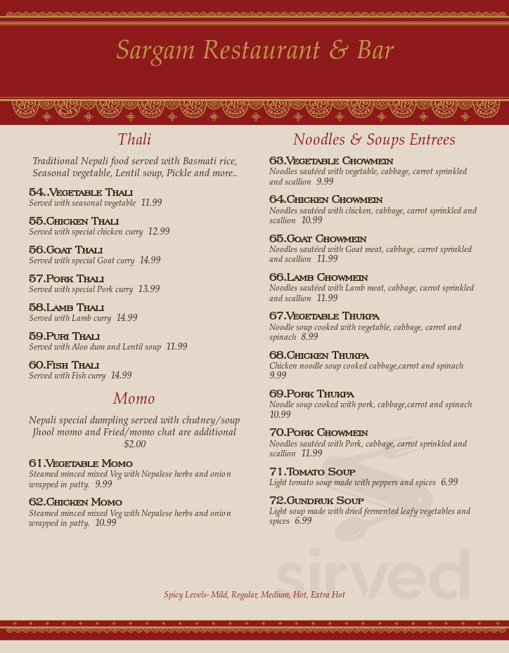 Menu - Reynoldsburg OH's Sargam Restaurant & Bar | Sirved