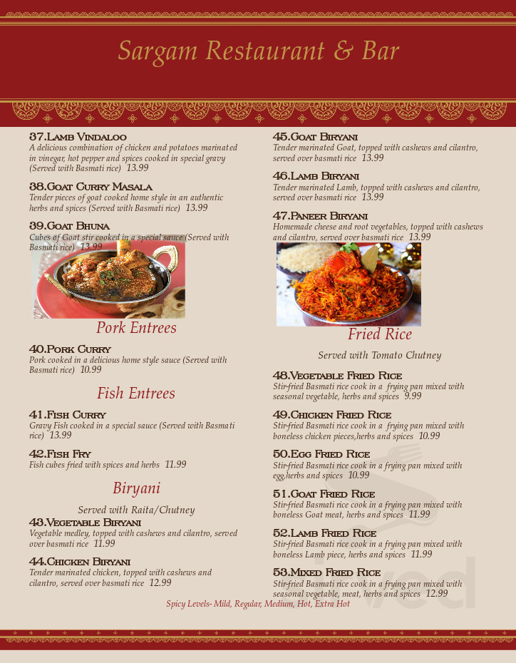 Menu - Reynoldsburg OH's Sargam Restaurant & Bar | Sirved