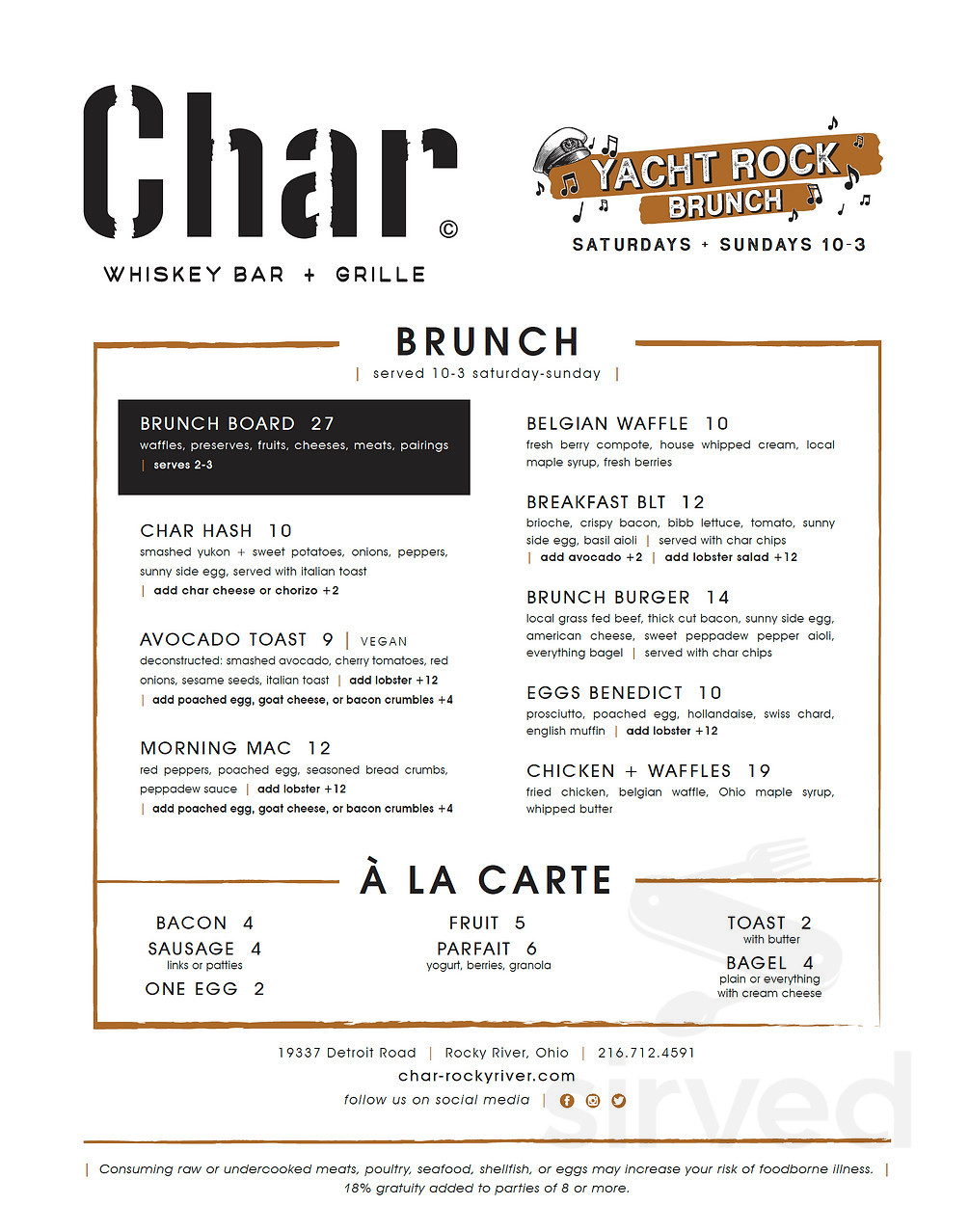 Menu for Char Whiskey Bar & Grille in Rocky River, OH | Sirved