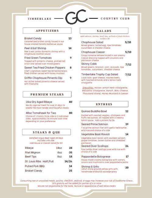 Griffin Chophouse at Timberlake Country Club menu in Chapin, South ...