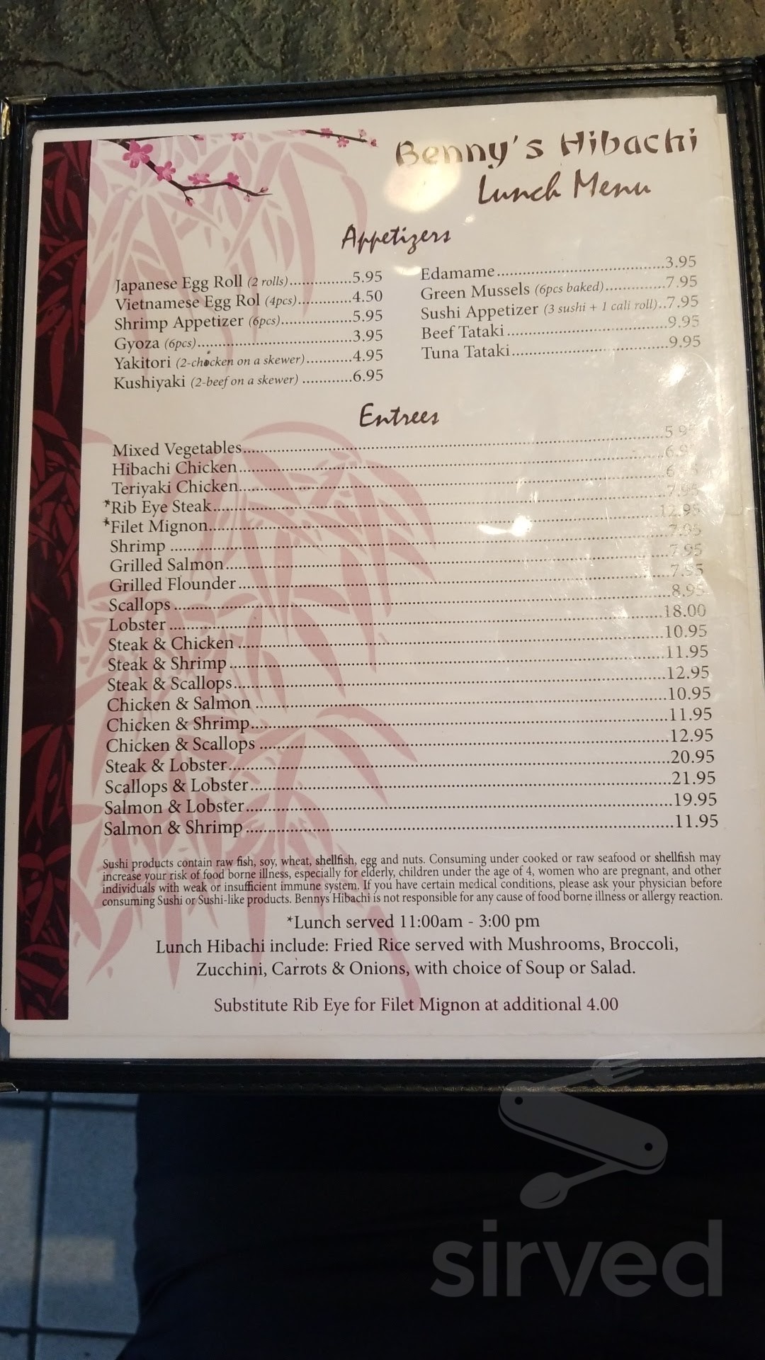 Benny's Hibachi menu in Loris, South Carolina, USA