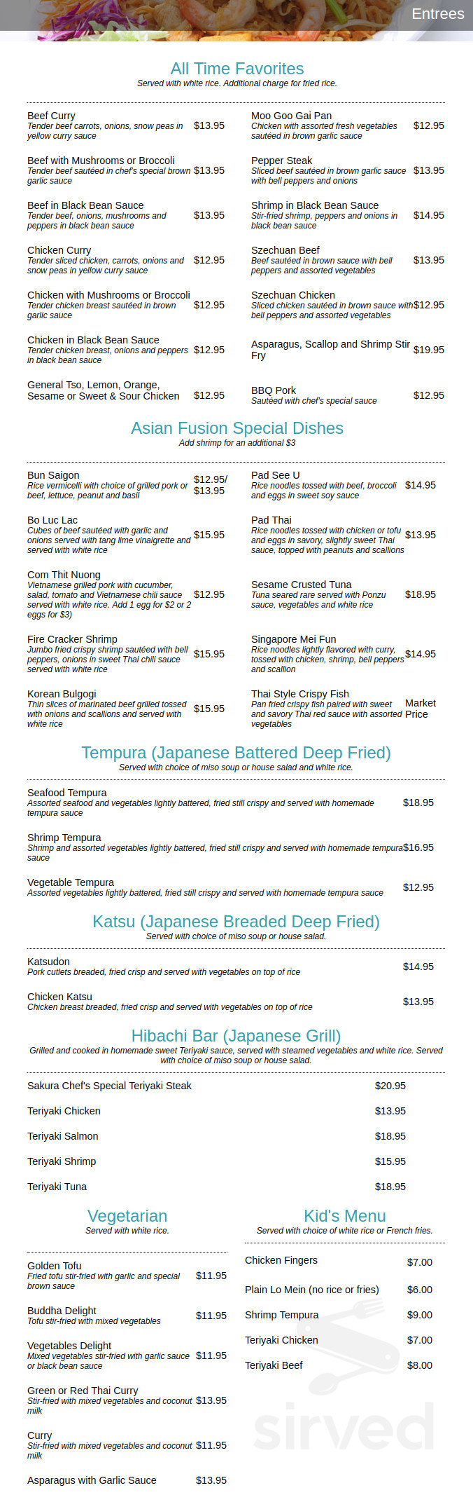 Sakura Asian Fusion menu in Kissimmee, Florida, USA