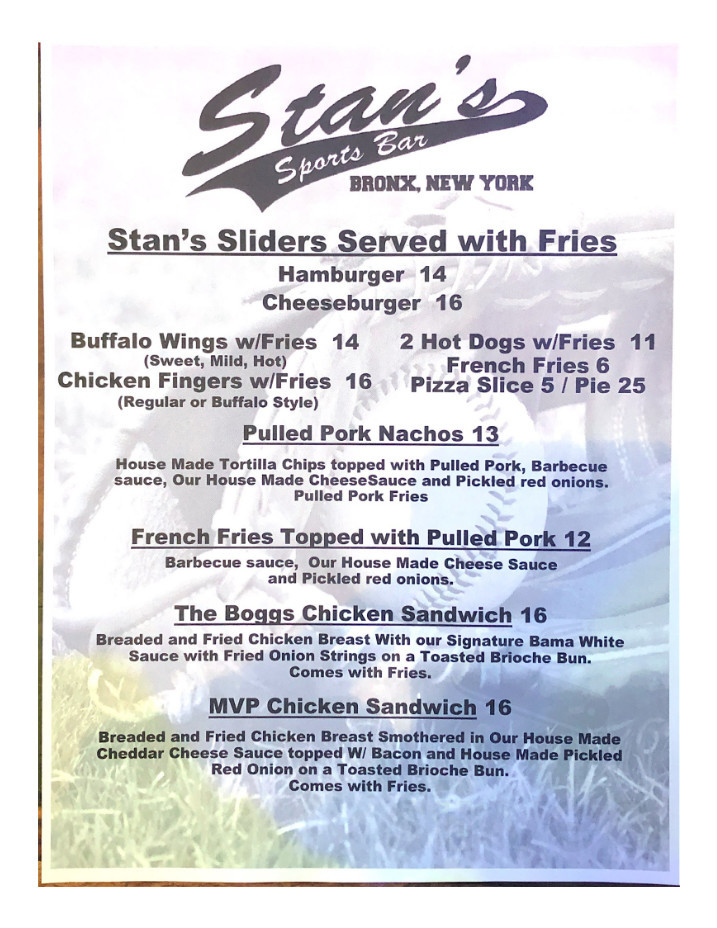Menu for Stan's Sports Bar in The Bronx, NY | Sirved