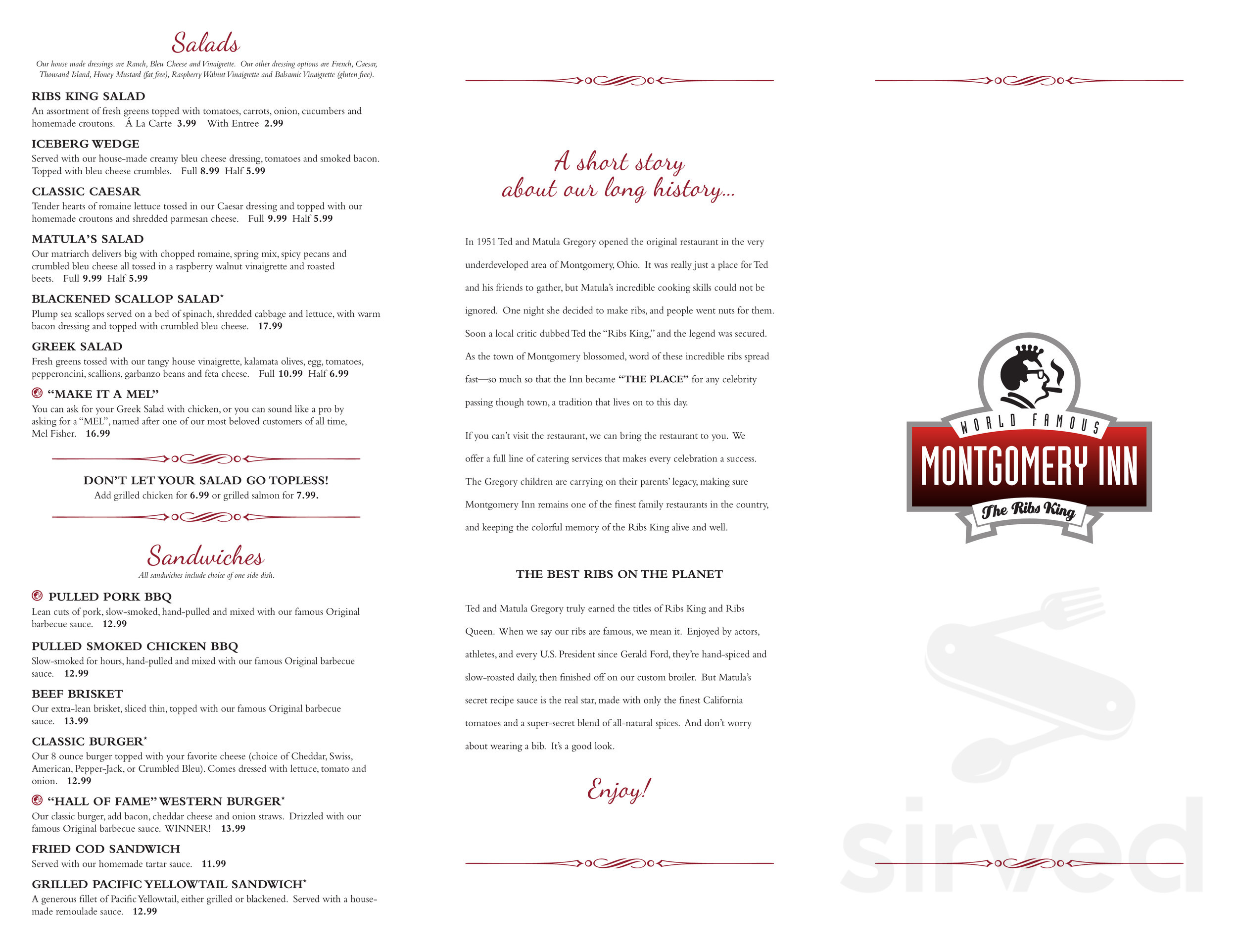 Montgomery Inn The Original menu in Cincinnati, Ohio, USA