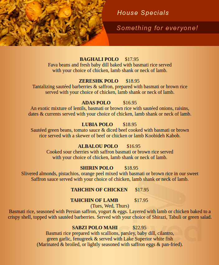 Shamshiri Grill menu in Los Angeles, California, USA