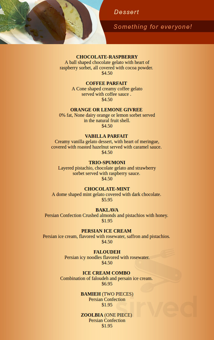Shamshiri Grill menu in Los Angeles, California, USA
