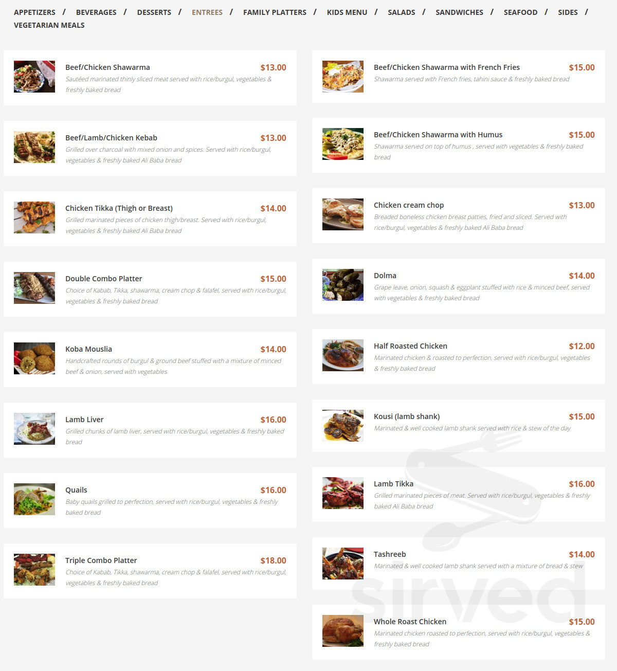 Menu - Escondido CA's Ali Baba Mediterranean Cuisine of Escondido | Sirved