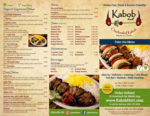 Kabob Hutt menu in Corona, California, USA